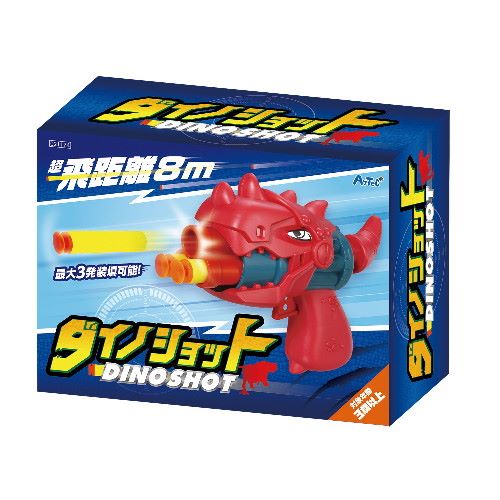 恐竜型の銃の玩具です。弾は怪我をしにくいスポンジ素材。人や動物に向けて射撃しないようにしてください。弾の先には吸盤がついており平面な面にくっつきます。弾は一度に3つ装填できます。■155×120×56mm