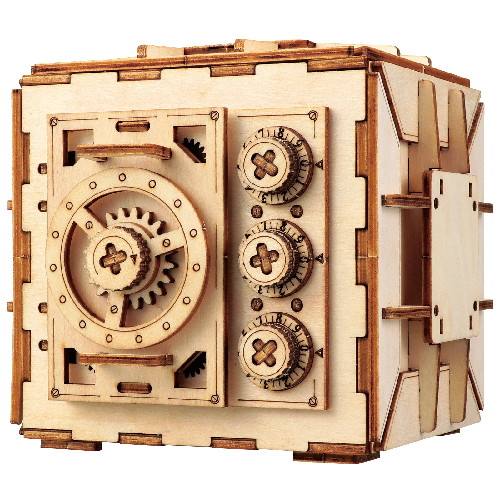 接着剤や工具なしで本格的なダイヤル式金庫型貯金箱が作れるキットです。レーザーでカットされたベニヤパーツを抜いて、立体パズルのように組み立てて作りあげていきます。3桁の暗証番号でロックできる仕組みの箱で、後ろ側にコイン投入口がついていて、貯金...