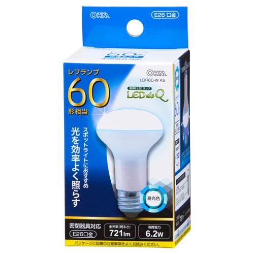 特　徴●レフランプ　60形相当●スポットライトにおすすめ！　光を効率よく照らします●広角タイプ：光の広がり約150°●長寿命　40000時間●全光束（明るさ）：721ルーメン●消費電力：6．2W●密閉器具対応●E26口金仕　様■寸法：全長…...