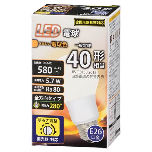 特　徴●一般電球40W相当の明るさ●調光器対応で明るさの調整が可能●配光角280°の全方向タイプ●電球色●口金：E26仕　様■寸法(約)：全長…107.5mm、最大径…60mm■質量：85g■定格消費電力：5.7W■定格電流：59mA■全光...