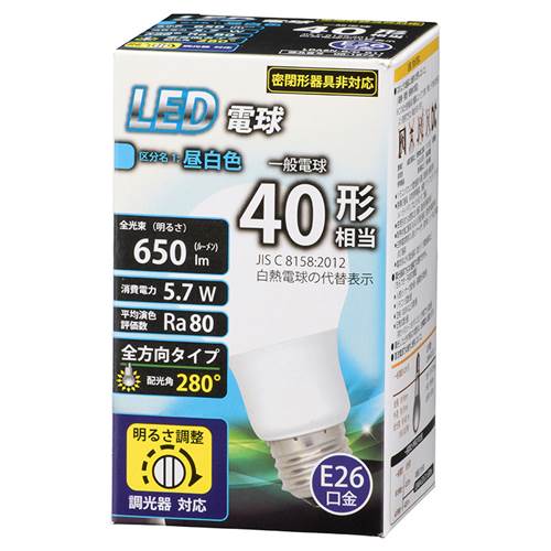特　徴●一般電球40W相当の明るさ●調光器対応で明るさの調整が可能●配光角280°の全方向タイプ●昼白色●口金：E26仕　様■寸法(約)：全長…107.5mm、最大径…60mm■質量：85g■定格消費電力：5.7W■定格電流：59mA■全光...