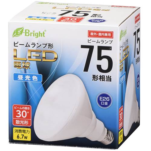 特　徴●ビームランプ75形相当●屋外・屋内兼用●ビームの開き30°散光形●昼光色●消費電力6.7W●E26口金●従来のビームランプのような使い方ができます。 　但し、水滴の掛かる場所では、必ず口金部防水構造の器具で使用してください。 仕　様...