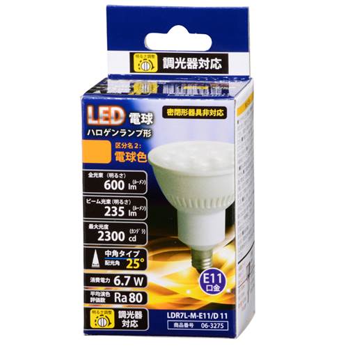 特　徴《06-3275 LED60ハロゲンランプ　中角 LDR7L-M-E11/D 11》● 従来の60W形ハロゲンランプと同等の明るさ● 調光機能対応（PANASONIC調光器）仕　様■ 全長：約61mm■ 最大径：約50mm■ 質量：約...