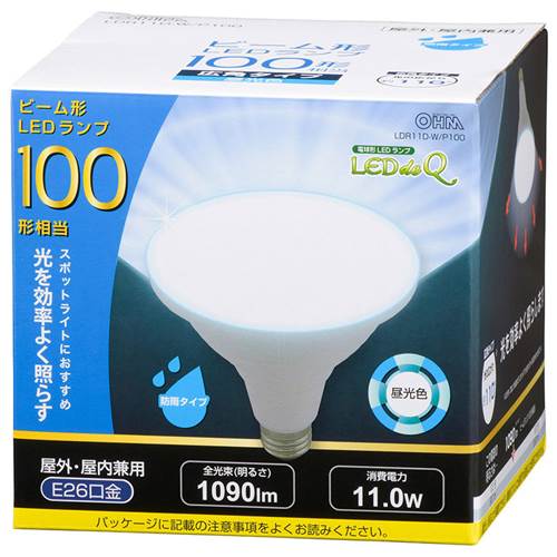 特　徴●光を効率よく照らす、ビーム形LEDランプ●スポットライトにおすすめ●100形相当の明るさ●光の広がり約110°の広角タイプ●防雨タイプ●昼光色●口金：E26仕　様■寸法：全長128mm、最大径126mm■質量：139g■定格消費電力...