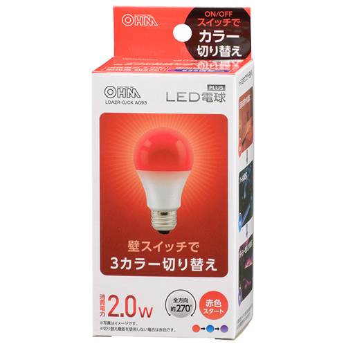 特　徴●ON/OFFスイッチでカラーが切り替えられるLED電球●壁スイッチで3カラー（赤色/青色/紫色）切り替え●配光角約270°の全方向タイプ●密閉器具対応●赤色スタート（切り替え機能を使用しない場合は赤色のみ）●口金：E26仕　様■寸法...