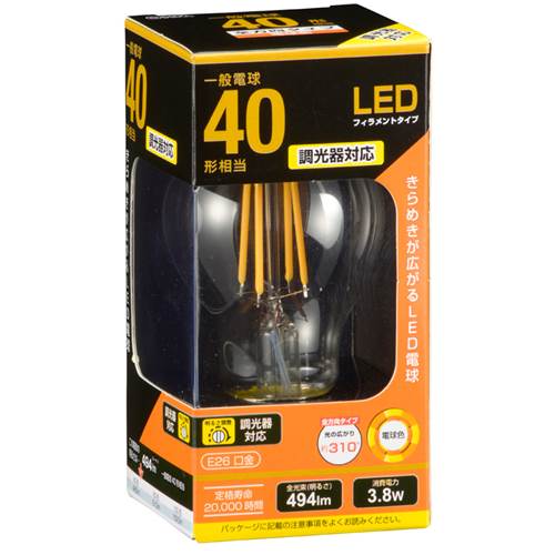 特　徴●一般電球40形相当●フィラメントタイプLED　きらめきが広がるLED電球●調光器対応（明るさ調整）●全方向タイプ　光の広がり　約310°●全光束(明るさ）494ルーメン●消費電力3.8W●電球色●口金E26仕　様■寸法：全長…103...