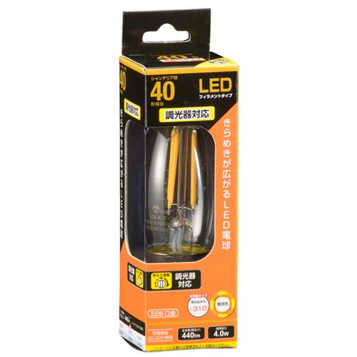 特　徴●シャンデリア球40形相当●フィラメントタイプLED　きらめきが広がるLED電球●調光器対応（明るさ調整）●全方向タイプ　光の広がり　約310°●全光束（明るさ）440ルーメン●消費電力4.0W●電球色●E26口金仕　様■寸法：全長…...