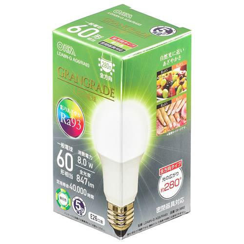 特　徴●彩りあざやかRa93「GRANGRADE」LED電球●自然の光に近いあざやかさ●一般電球60形相当の明るさ●配光角約280°全方向のタイプ●密閉器具対応●昼白色●口金はE26●LED5年保証仕　様■寸法：全長…107mm、最大径…5...