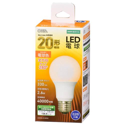 特　徴●定格寿命40000時間●白熱電球20形相当の明るさ●配光角約280°の全方向タイプ●密閉形器具対応●省エネ法2027年度目標基準達成●電球色●口金 E26●LED5年保証対象商品仕　様■寸法：全長…110mm、最大径…60mm■質量...