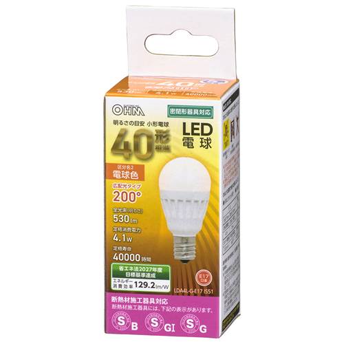 特　徴●小形電球40形相当の明るさ●約200°の広配光タイプ●断熱材施工器具（SB・SGI・SG形表示器具）対応●密閉形器具対応●省エネ法2027年度目標基準達成●電球色●口金：E17●LED5年保証対象商品仕　様■寸法：全長…78mm、最...