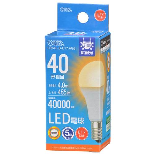 特　徴●小形電球40形相当の明るさ●光の広がり約210°の広配光タイプ●密閉器具対応●断熱材施工器具対応●電球色●口金 E17●LED5年保証対象商品仕　様■寸法：全長…77mm、外径…38mm■質量：25g■定格消費電力：4.0W■定格入...