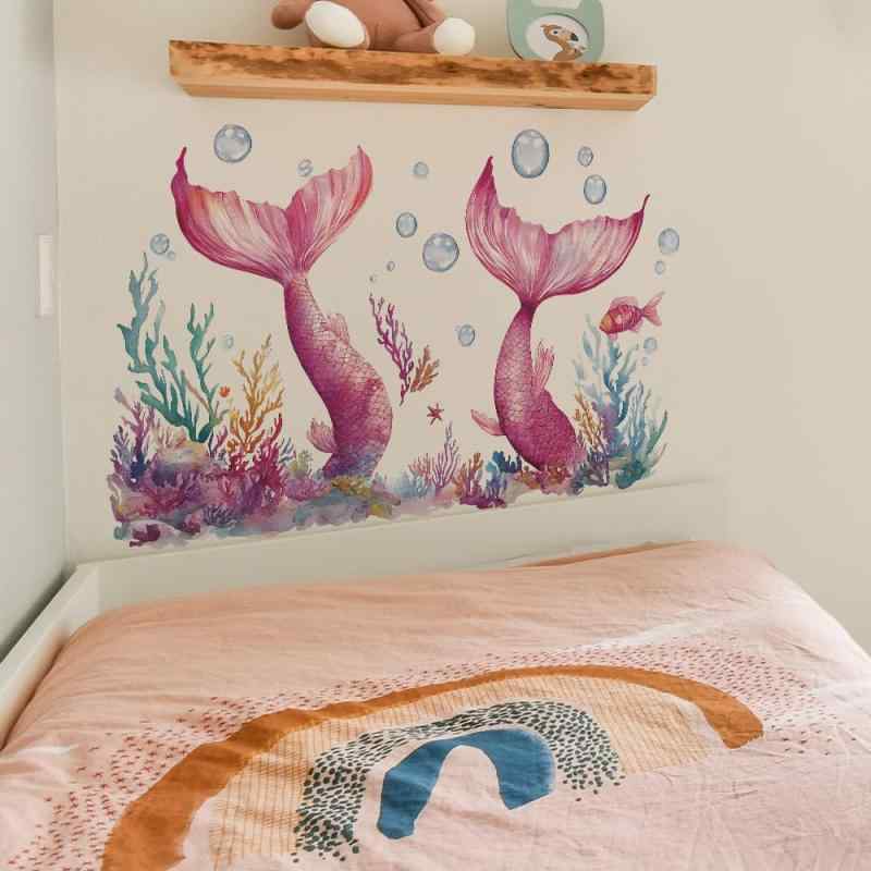 マーメイド ウォールステッカー, 人魚姫と海の城デザイン, 子供部屋用壁紙シール, diy 子供部屋用壁紙シール装飾, 可愛い海の生き物イラスト付き，はがせる おしゃれ 北欧, 幼稚園 保育園 デザイン性: 美しい人魚姫、カラフルな海の生き...