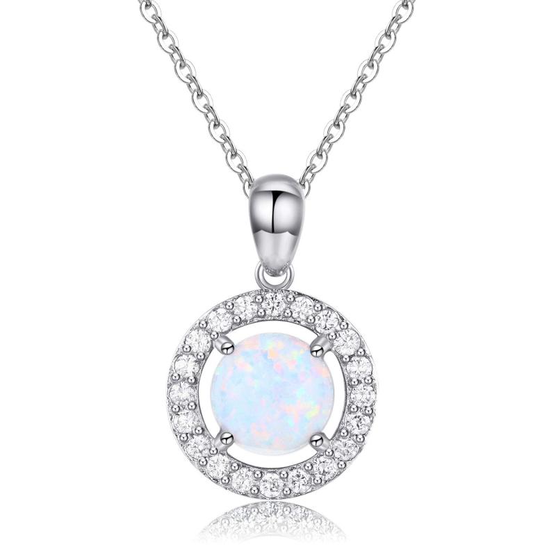 CUOKA MIRACLE 人工オパールペンダントネックレス スターリングシルバー 優美なシンプルネックレス オパール レディース キュービックジルコニア ラウンドヘイローネックレス上品なデザイン：ホワイトキュービックジルコニアの光輪に囲ま...