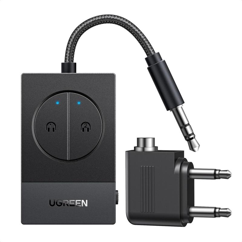 UGREEN 飛行機用 Bluetooth 5.4トランスミッター （AirPods 2台またはヘッドホン用）ワイヤレス Bluetoothアダプター AirPods 4/Pro2/Max を含む全AirPods対応 デュアル3.5mm A...