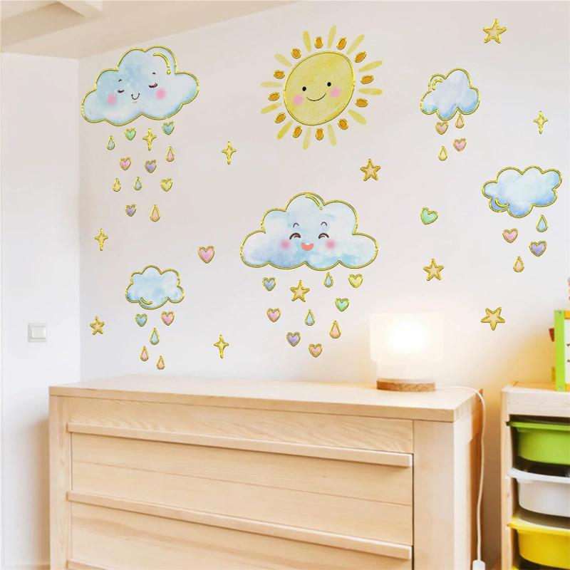 Hikosiya ウォールステッカー おしゃれ 北欧 太陽 雲 笑顔 ハート 水滴 星 雨 壁ウォールステッカー ウォールシール はがせる シール 子供部屋 男の子 女の子 寝室 DIY 生活防水 玄関 リビング パッケージ内容：30x30...