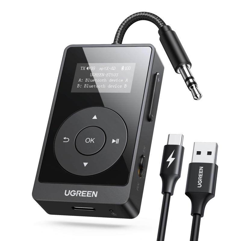 UGREEN Bluetooth 5.3トランスミッター＆レシーバー、機内Airpods 2台用、送信機・受信機 2-IN-1 AptX Adaptive/HD対応 3.5mm Auxオーディオ Bluetoothアダプター 機内、カーステ...