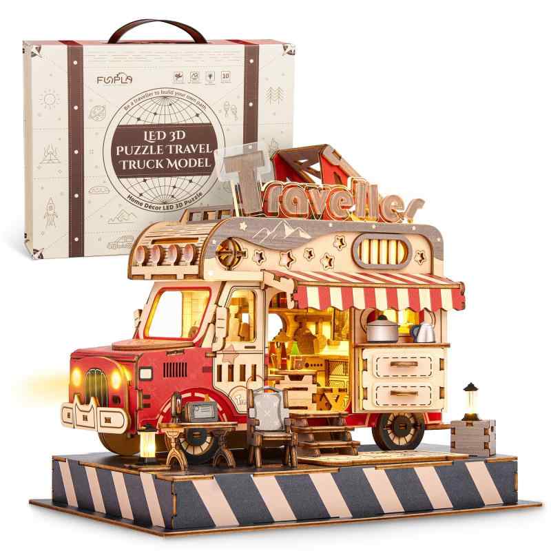 FUNPOLA 立体パズル 3Dパズル 木製パズル DIYミニチュア クラフトキット【冒険にインスパイアされたDIYトラベルトラック】この旅行をテーマにした3Dパズルは、鮮やかな赤い色、ストライプの日よけ、ラジオ、ギター、椅子などの魅力的な...