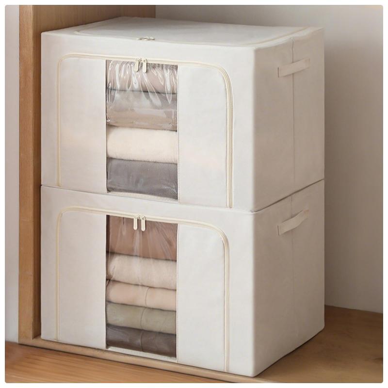 Bounvi 【新升级 2 面開閉】衣装ケース 大容量 毛布 服 布団収納ケース 天然棉麻製 クローゼット用 スタック可能 折りたたみ 防塵 防湿 無臭 高耐久性 両側ハンドル付き 両側透明窓付き