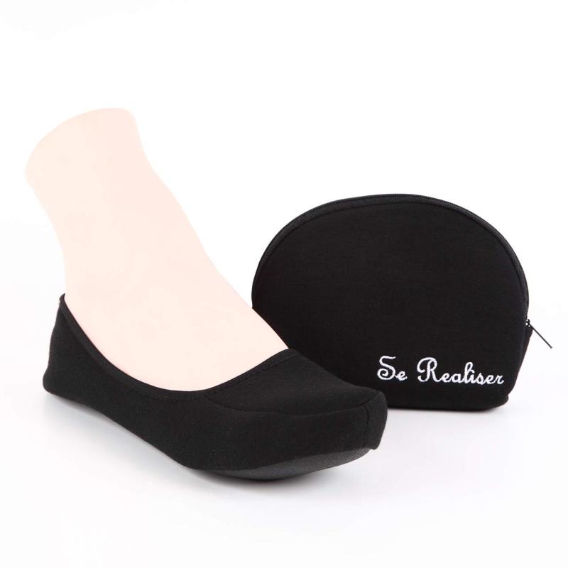 [Se Realiser] 折りたたみスリッパ レディース 内側が足に優しい素材 ふかふか 気持ち良い 足が痛くない 黒無地 お受験シーズン用 学校用 旅行用 機内用 携帯スリッパ 収納ポーチセット 約22cmバックの中に入れておけば、何か...