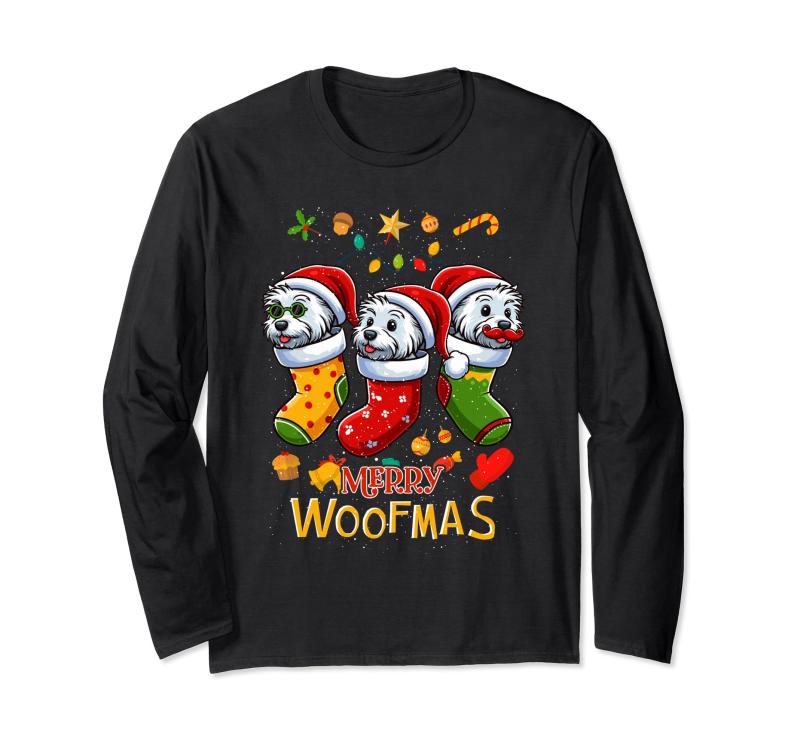 ウエストハイランドテリア サンタクロース クリスマスストッキング 犬 長袖TシャツWest Highland Terrier サンタクロース クリスマスストッキングドッグ X-Mas Dogsのデザインは、クリスマスツリーの前にサンタクロー...