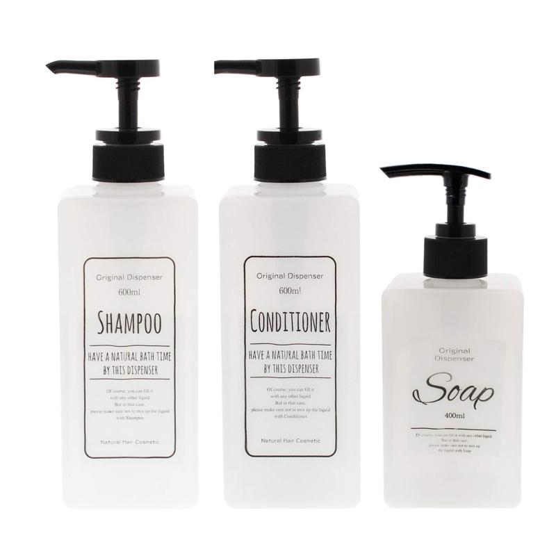 リビング ディスペンサー ポンプボトル スクエア シャンプー＆コンディショナー ホワイト 600ml×2個 ソープボトル 400ml×1個 (レギュラータイプ)、計3個セット本体サイズ:(スクエアボトル)約6.6×6.6×21.8cm、ポン...