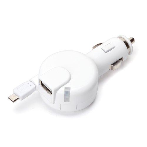 iCharger micro USB DC充電器 ホワイト PG-MDC24A02WH車でスマホを2台同時に充電できる、microUSBコネクタ 巻き取り式車載用DC充電器。USB1ポート搭載で合計出力2.4A。最大0.6mの巻き取り式ケーブル。