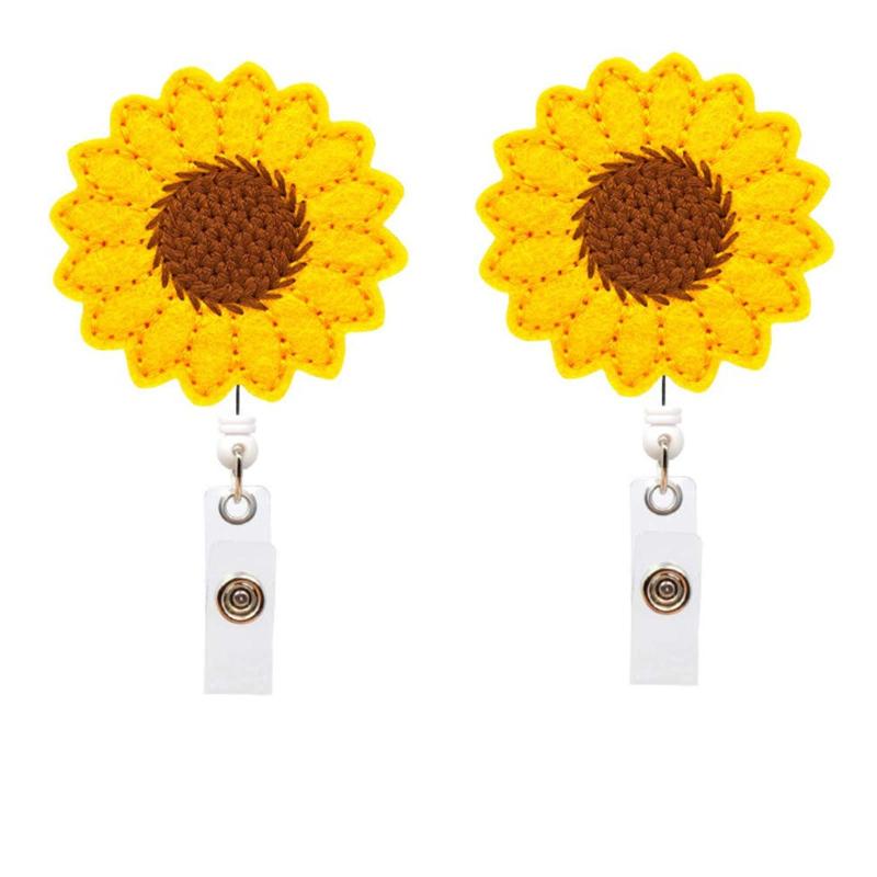 リールクリップ 2点セット ID カード ホルダーネームホルダーパスケース向日葵デザイ名札 リール吊り下げ名札用リールネームホルダー リールワニ口クリップ付き キュートなバッジクリッ【可愛いお花のデザイン】：可愛い刺繍のお花が印象的なリール...