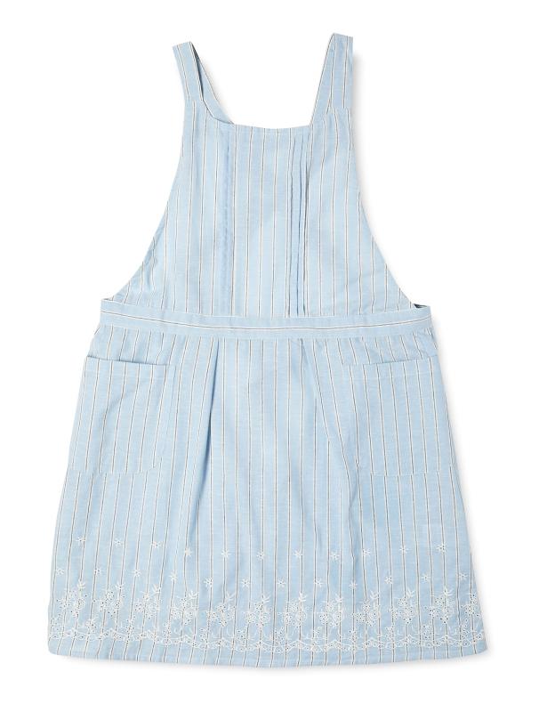 [飛馬日本] エプロン 麻入りストライプすそ刺繍使いバッククロスエプロン BL AP42233 M～Lサイズ:M~L 着丈95cmお手入れ方法: 洗濯機生産国:インド