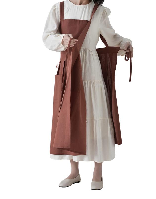 [TOWYYO] 北欧風 無地 エプロン お尻が隠れる ポケット付き ワンピース風 ロング丈 H型 シンプル 大きいサイズ ワンピースタイプ 綿100％ 撥水 2Way かわいい 肩掛け おしゃれ カフェ風✿【素材＆サイズ】：素材：綿100...