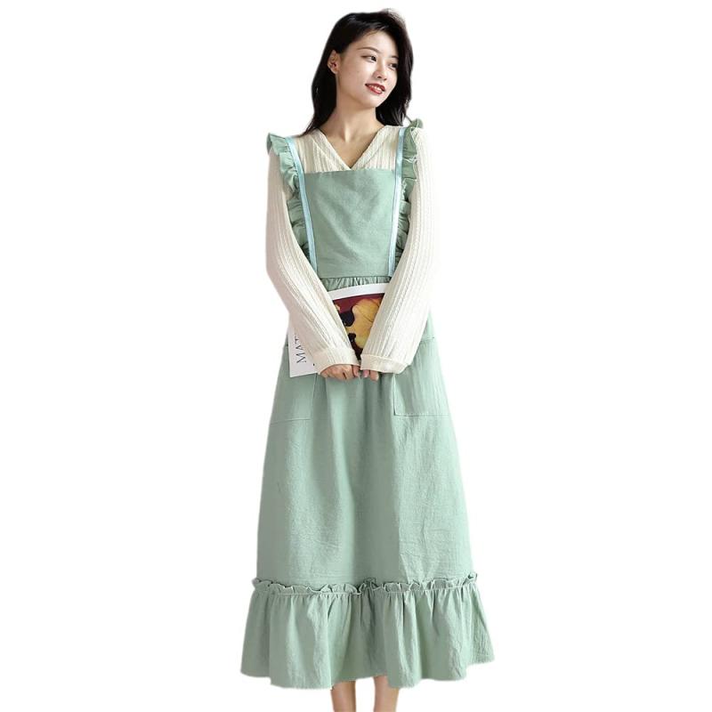 [Nanxson] エプロン おしゃれ レディース フリル ポケット付き ワンピース型 エプロン ロング ドレス 北欧風 可愛い リネン 無地 かぶるだけ 保育士 美容師 花屋 料理/家事用【コットンリネン素材】：質の高いコットンリネン素材...