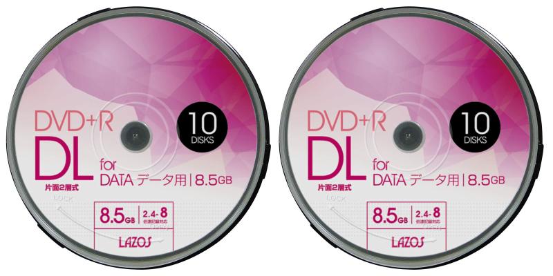Lazos DVD+R DL 8.5GB for DATA 2.4-8倍速対応 1回記録用 ホワイトワイド印刷対応 10枚組 スピンドルケース入 L-DDL10P 2パックセット商品型番 ： L-DDL10P数量10枚入 × 2個セット（計...