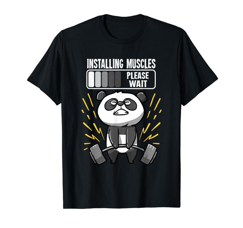 Installing Muscles Please Wait 面白いパンダ ジム フィットネス Tシャツ筋肉を取付けているおかしいパンダの服装はあなたのワークアウトのためのジムの大きいギフトを待って下さい。ジムでのトレーニング中に、鉄をポン...