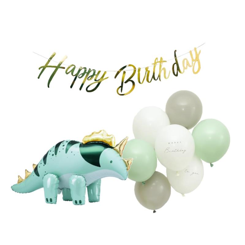 Hanamei バルーン パーティー キット ダイナソー 誕生日 バルーン 飾り付け 恐竜 トリケラトプス 4D 男の子 簡単 飾り くすみカラー1歳 2歳 3歳【商品名】ダイナソーパーティーキット【素材】紙（バナー）、ゴム（風船）、アルミ...