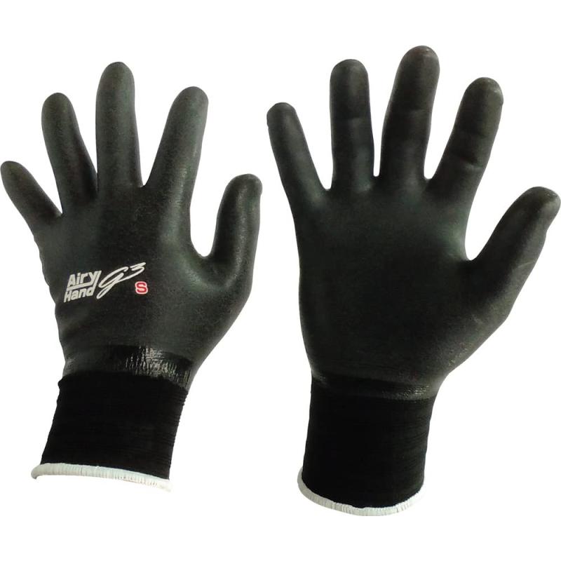 富士手袋 エアリーハンド ジースリー 7466-S-BL色：黒サイズ：S厚さ(mm)：1.1ゲージ数：18リストカラー：白●全長(cm)：22.0●手のひら周り(cm)：18.5●中指長さ(cm)：7.518ゲージ編●手袋部：ポリエステル●...