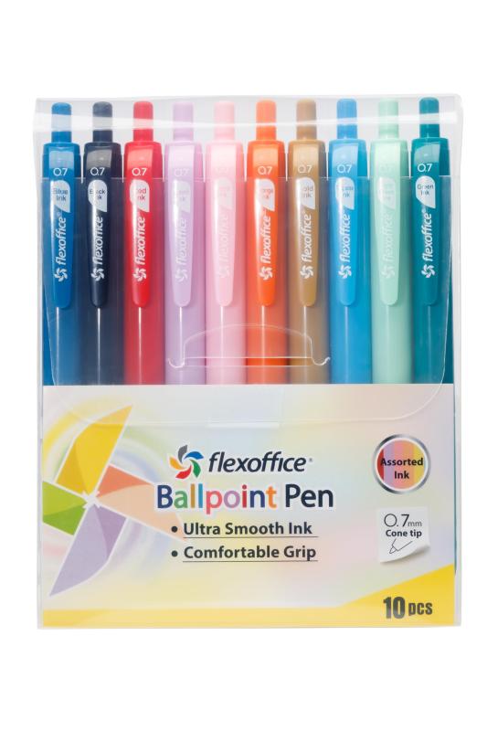 flexoffice 油性ボールペン 10本セット パステルカラー10色(ブルー・ライトブルー・レッド・オレンジ・ブラウン・パープル・ピンク・グリーン・ライトグリーン・ブラック) 0.7mm 超滑らか 速乾10本セットの便利なカラフルペンで...