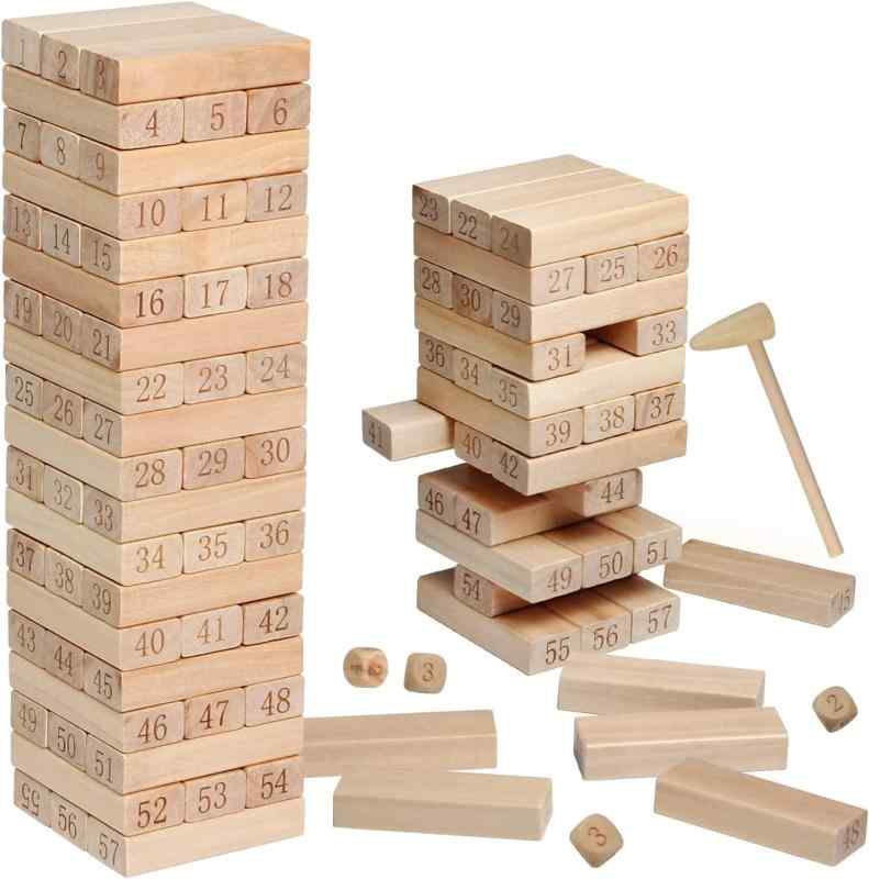 積み木 サイコロ付き バランスゲーム バランスタワー テーブルゲーム 立体パズル Tower Block タワーブロック ドミノブロック 骰子付き (天然木 51PCS)入数：51個（17段x3個）ブロックサイズ：7.5x2.5x1.5cm...