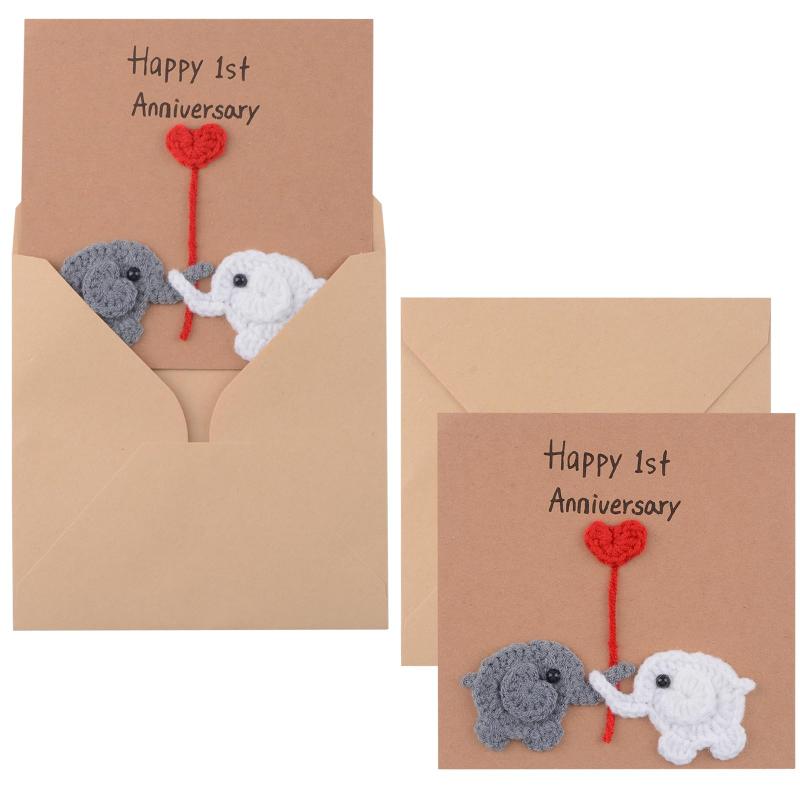 HICOHAND ハンドメイドかぎ針編みアニバーサリーカード, ニット象のグリーティングカード 封筒付き 2枚, 奥様へのかわいい3D「1周年おめでとう」カードギフト, 彼女, 恋人パッケージとサイズ:クロシェ編みの象のグリーティングカード...