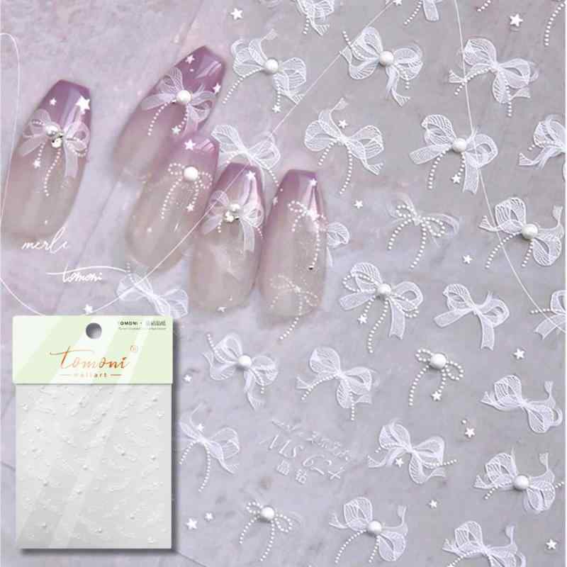 K-Bom ネイルシール リボン レース パール 張るだけ ネイルパーツ ネイルチップ ネイルアート ジェルネイルシール デコパーツ 蝶々 細リボン セルフネイル ハンドメイド スマホケース 貼るだネイルアートに最適なレースのリボンのネイル...