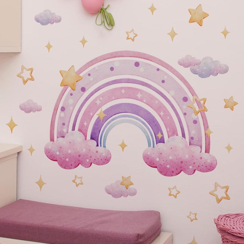 虹 ウォールステッカー ピンク 雲 星 ステッカー 水彩画風 壁掛けアート 子供部屋 寝室 装飾用 ウォールシール 剥がせる 壁紙シール インテリア 壁装飾 シールデザイン：水彩画風の虹、ふわふわした雲、キラキラ星が描かれた、夢のような雰囲...