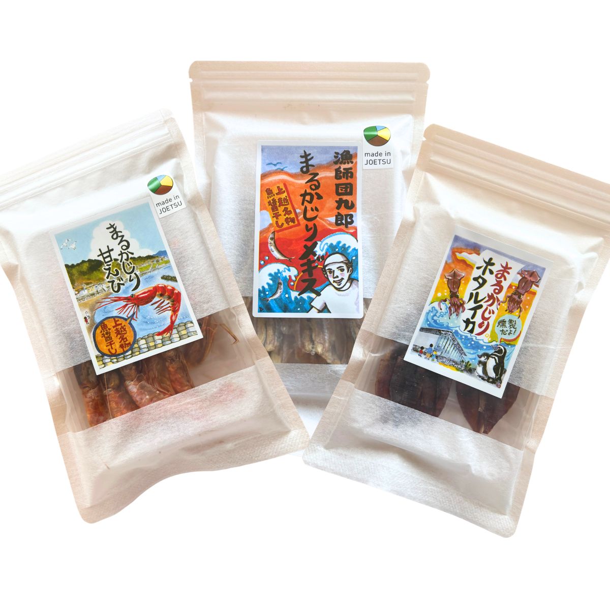 商品情報原材料甘えび（新潟県産）、ホタルイカ（日本海産）、メギス（新潟県産）、魚醤（メギス）、食塩日本海　まるかじりセット/まるかじり甘えび/まるかじりホタルイカ/メギスまるかじりメギス　各1袋セット 日本海を、丸ごとかじる。 日本海の恵み...