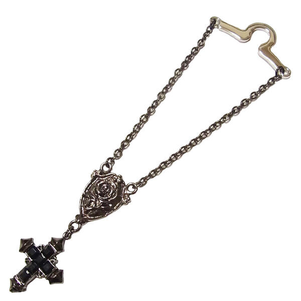 【tearsheavenオリジナル】 薔薇エンブレムとスクエアスワロフスキーの十字架 ネクタイピンの代わりのNEWアクセサリー ブラック、クリスタルの2カラー ガンメタ仕上げ、スワロフスキー使用 *ネクタイは私物 【サイズ】 　クロス　縦2...