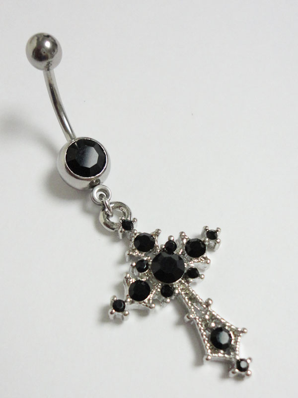 【セレクトボディピアス】 ゴステイストの十字架を使用したへそピアス もちろん耳でもOK! サイズ ゲージ14G(1.6ミリ)全長　約5.5センチ カラー シルバー 素材 ステンレス、キャスト合金、スワロフスキー ※できるだけ忠実に再現するよ...