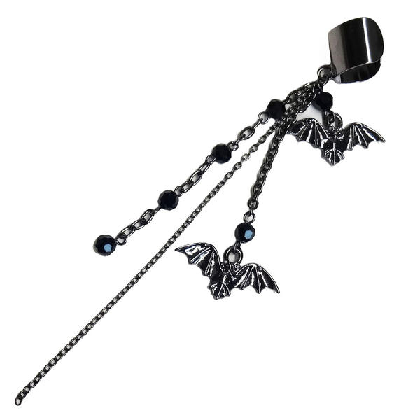 【ティアーズへブンオリジナル】 ハロウィンモチーフのコウモリが2匹 ブラックスワロフスキーとロングチェーンのイヤカフガンメタ仕上げ *このアイテムは片耳用です。 【サイズ】 全長　約：10.5センチ 【素材】 キャスト合金、メタル、ガラス 日本製