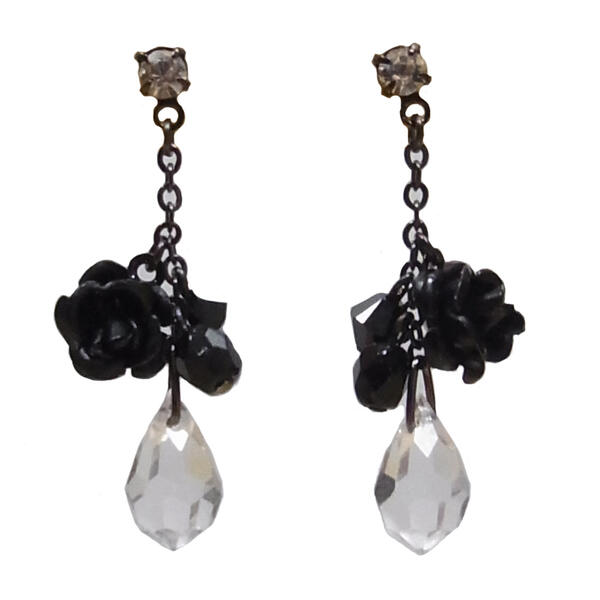 【ティアーズヘブンオリジナル】 ゴシック系のピアスをお探しの方にお奨め 1石のクリスタルピアスの鎖に下がる透明のドロップガラス チェコビーズ、スワロフスキー、ローズが黒 クリスタルとブラックのコントラストが輝く 小さいながらゴスらしいミニピ...