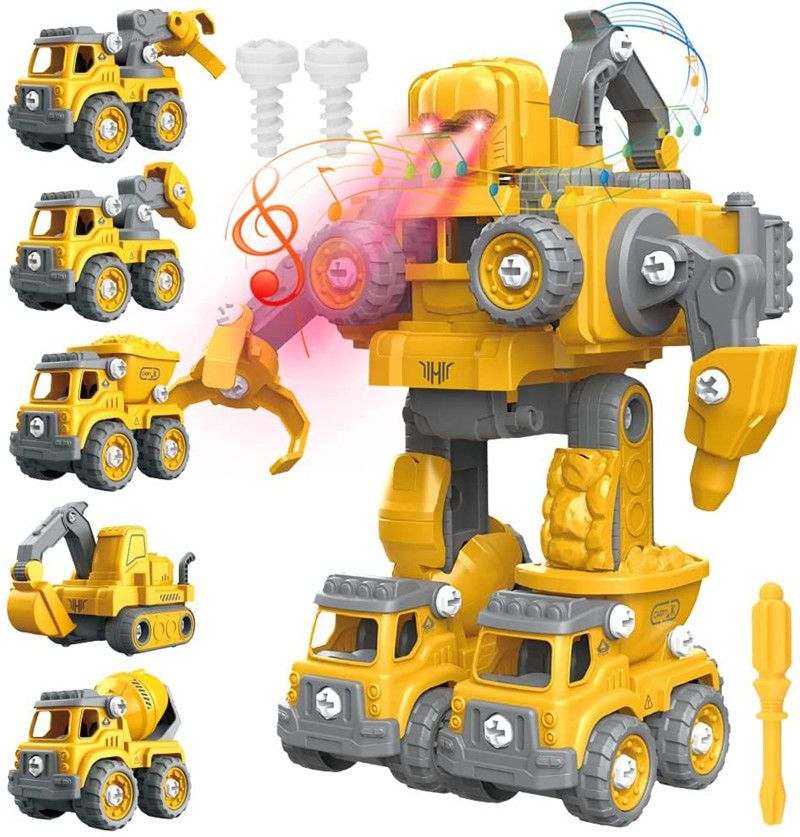 【5-in-1組み立て変形ロボットおもちゃ車セット】5つのクールな形に組み立てることができ、ショベルカー、ショベルカー、 グラブストーンマシン、積み込みカー、ミキサートラック。付属のドライバーで部品を付け替えられ、分解もできる楽しいおもちゃ...