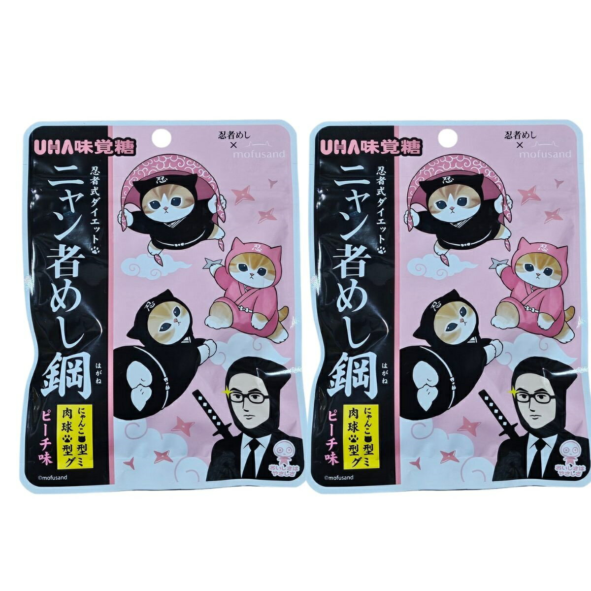 ■　商品紹介「ニャン者めし鋼　ピーチ味」は、mofusandと、硬いことで知られるUHA味覚糖のグミ「忍者めし鋼」が初コラボした一品。パッケージでは、猫が忍者に扮装（ふんそう）して手裏剣を投げたり、桃を抱き締めた姿が描かれており、“mofu...