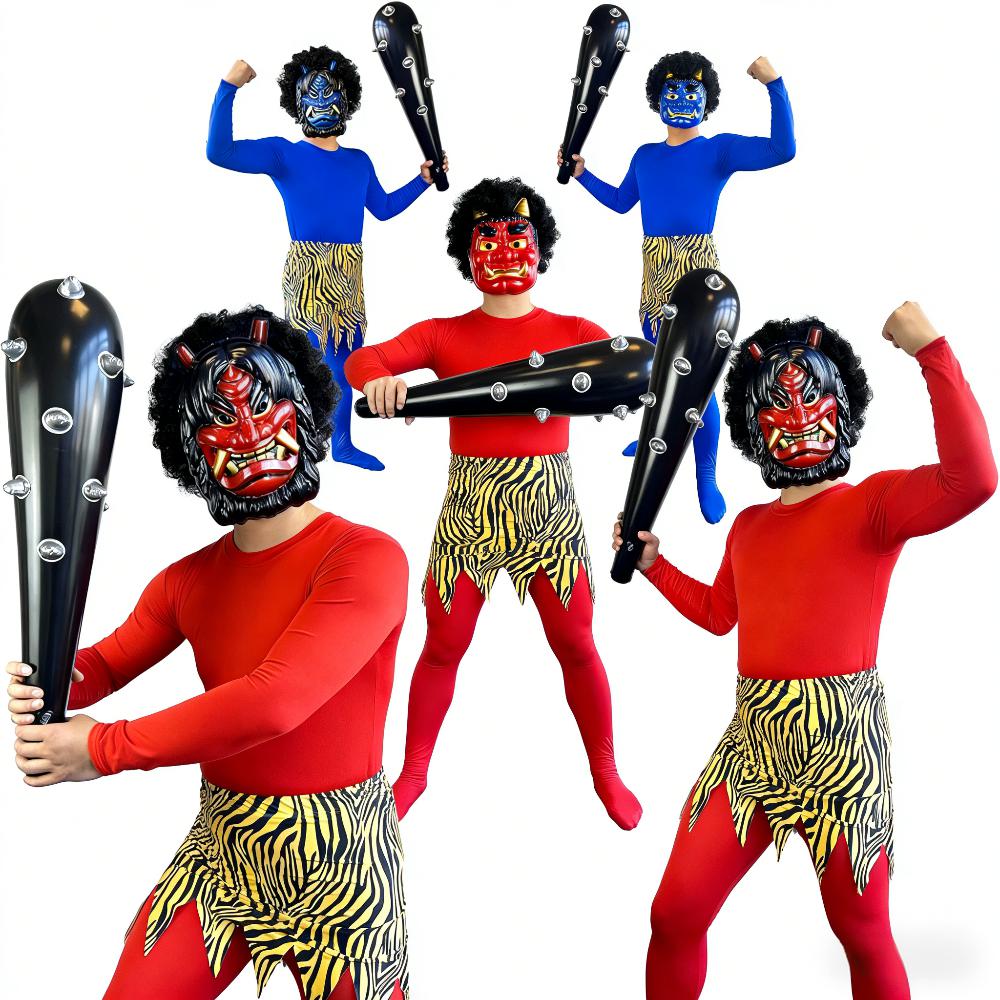 【赤/青鬼コスプレ6点セット】 節分の豆まきにぴったりな鬼コスチューム！真っ赤または青の鬼に変身できるフルセットです。 ■全身タイツ（背中ファスナー付き、足先までカバー） ■怖い鬼のお面（赤/青） ■虎柄の腰巻き（ウエストゴム入り） ■アフ...