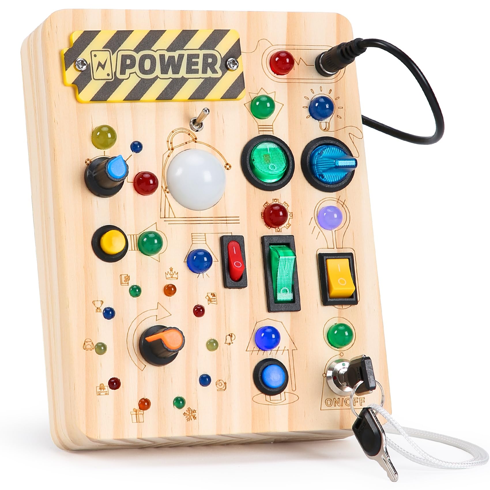 【幼児用モンテッソーリ忙しいボード】モンテッソーリ忙しいボードは、さまざまな複雑さのスイッチが特徴の知育おもちゃです。各スイッチに対応する電球が含まれており、このおもちゃには10個の異なるスイッチと23個のLED電球がセットされています。モ...