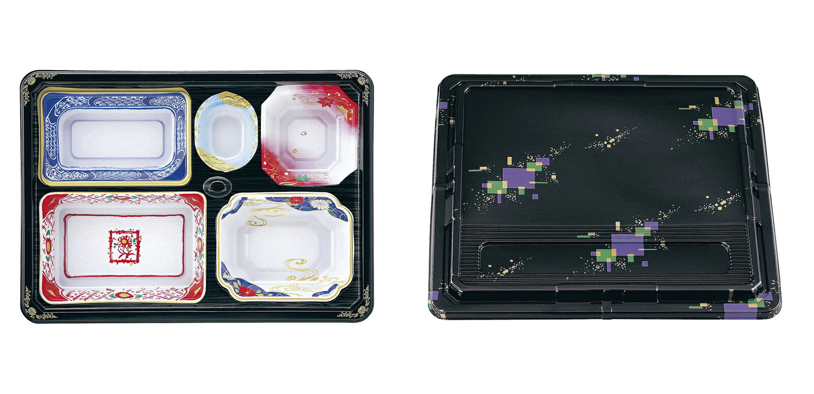 ワンウェイ 会席膳セット蓋三彩 T-203（20セット入）〈XAZ-43〉B 7-1468-0901 幅×奥行×高さ(mm)：321×231×H35 5仕切　材質：本体・蓋/ポリスチレン商品の詳細な情報については、メーカーサイトでご確認くだ...
