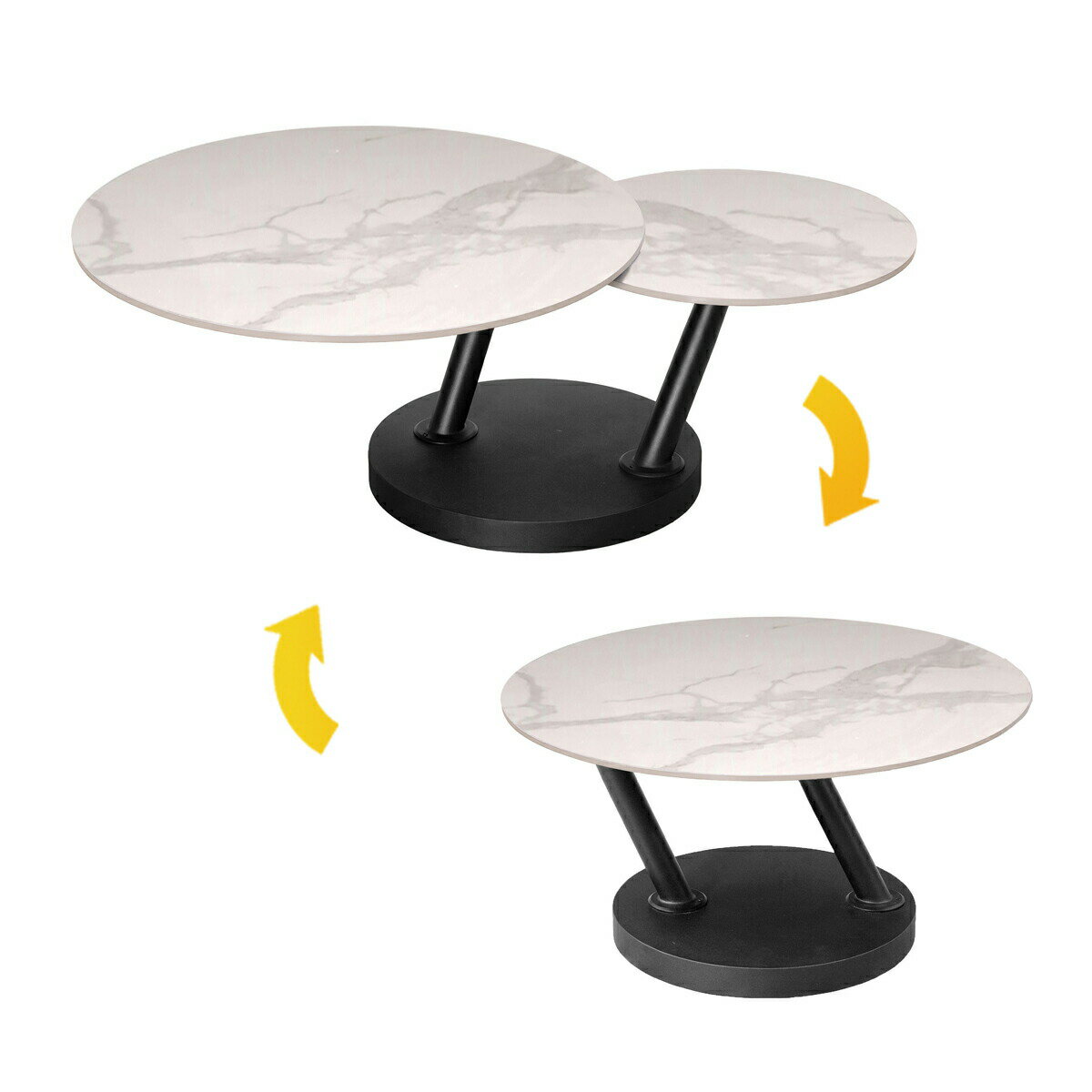 送料等 ※北海道・沖縄は送料無料の対象外となります。 主な特長 丸型天板2枚が回転軸によって展開するムービングテーブル。円形状になっていることにより角度を選ばず使用でき、さらに小型のテーブルを展開して使うことが出来ます。天板にセラミックを採...